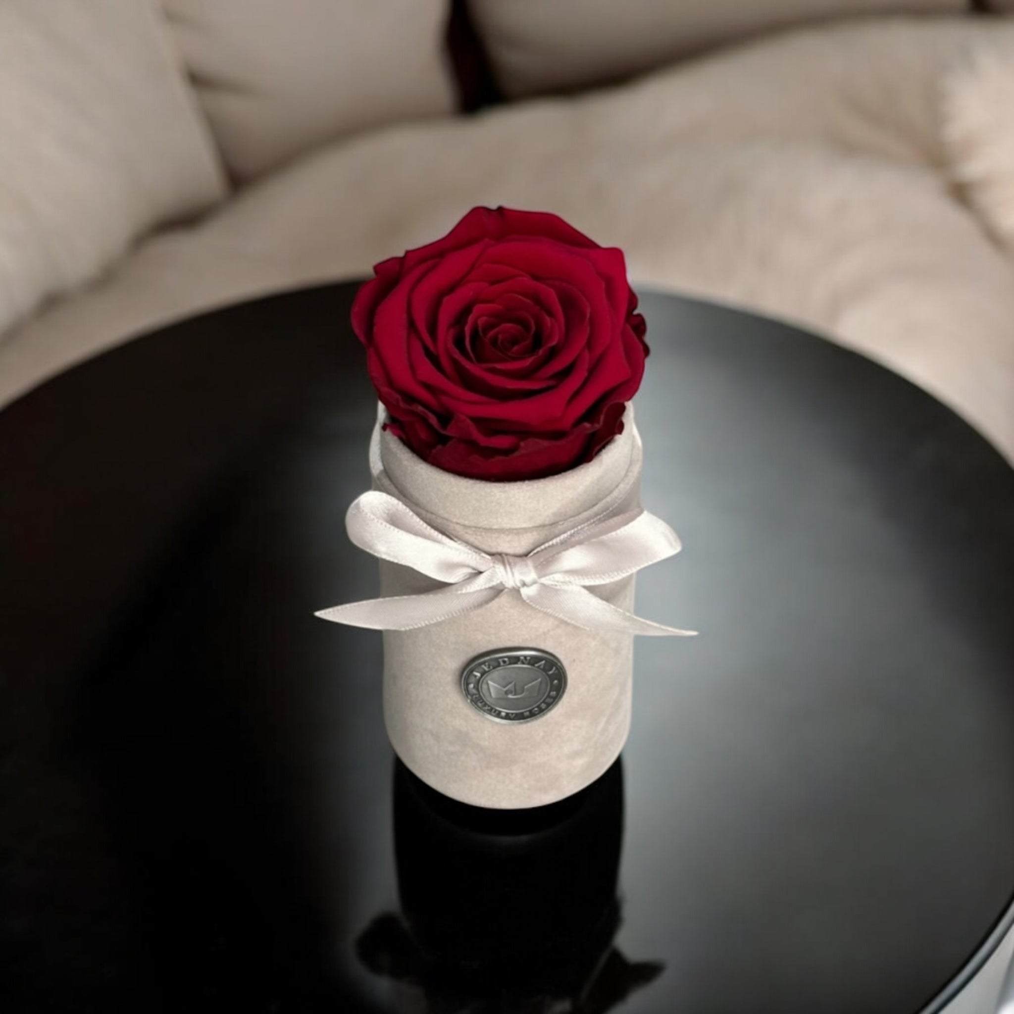 Single Grey Suede Rose Box By Jednay | Red Red Wine Eternal Rose